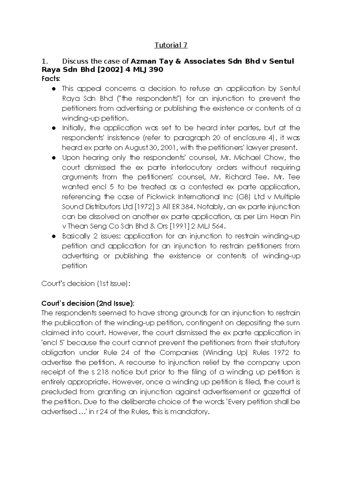 Tutorial 7 - lecture notes - Tutorial 7 Discuss the case of Azman Tay ...