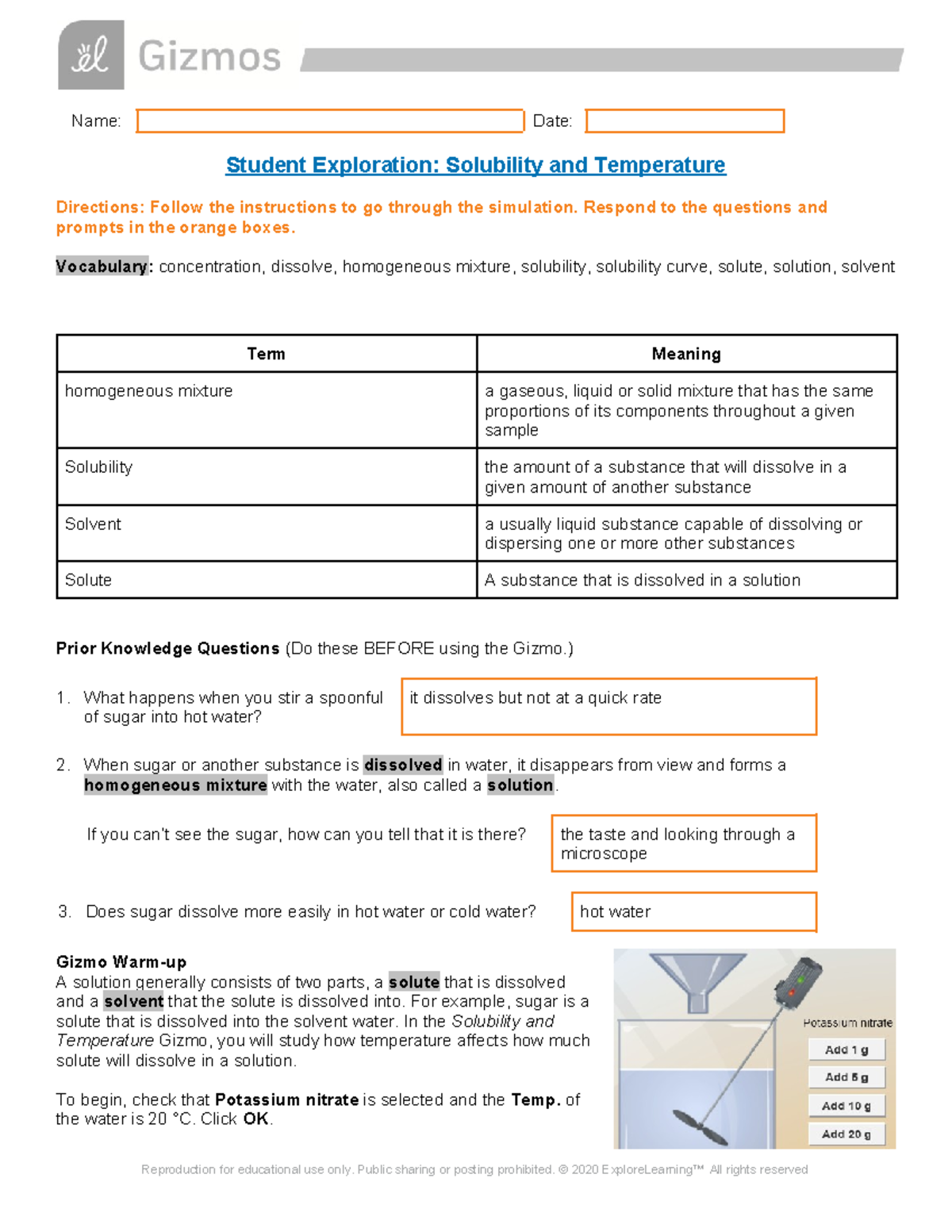 Solubility vs Temperature - Name: Date: Student Exploration: Solubility ...