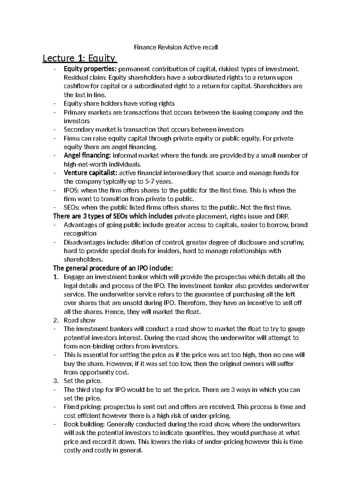 Finance Revision Active recall - Finance Revision Active recall Lecture ...