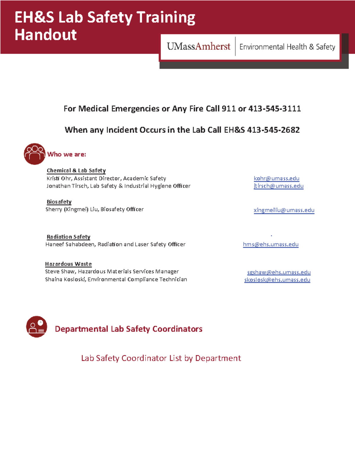 Lab Safety Training Handout 2023 - For Medical Emergencies or Any Fire ...