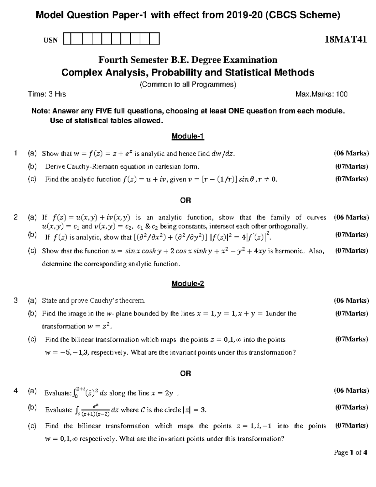 18mat411 - Best resource - Model Question Paper- 1 with effect from ...