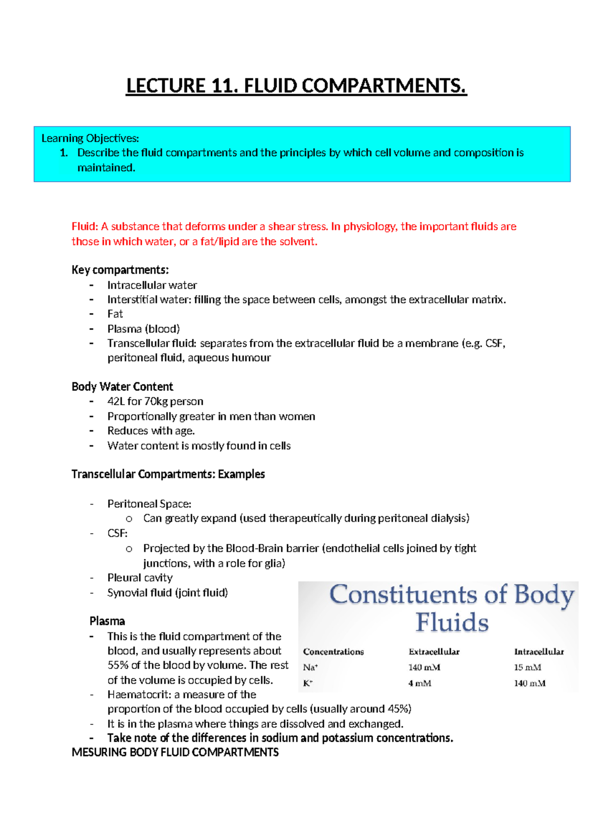 Lecture 11 Fluid Compartments Notes - LECTURE 11. FLUID COMPARTMENTS ...