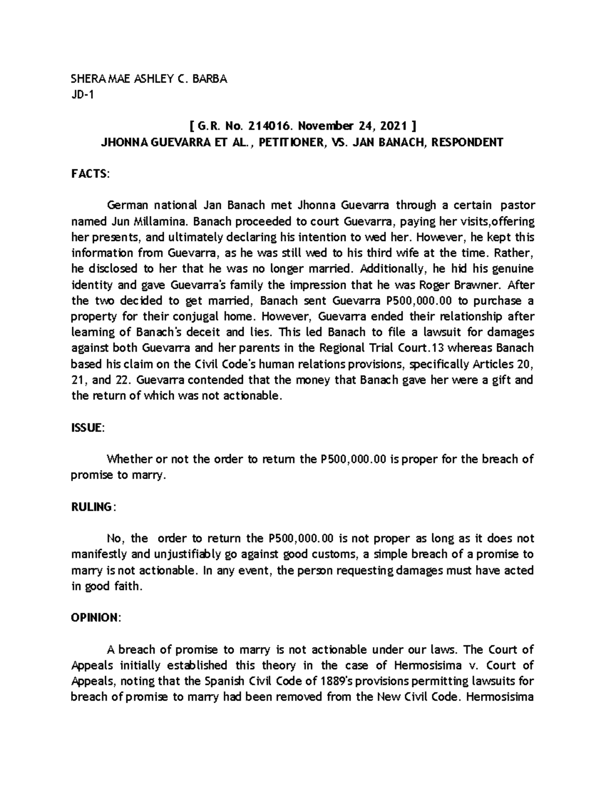 Position paper - SHERA MAE ASHLEY C. BARBA JD- [ G. No. 214016 ...