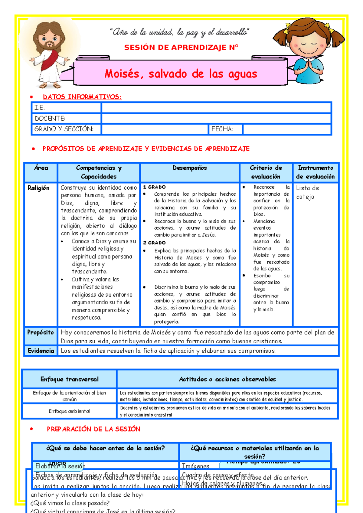 III E7 S3 Sesion D2 Religion Moises - SESIÓN DE APRENDIZAJE N° DATOS INFORMATIVOS: I. DOCENTE ...