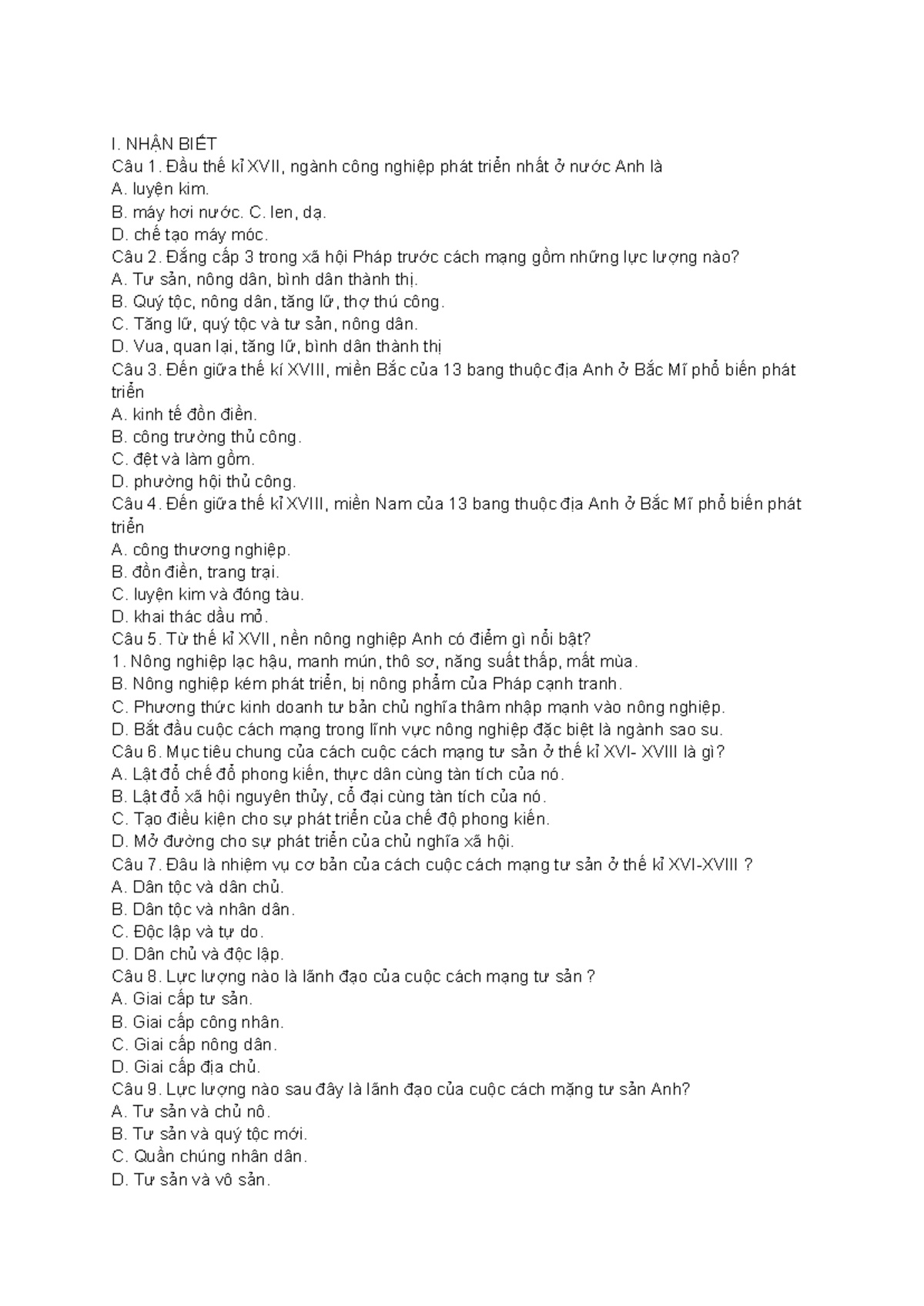 Tài liệu chưa có tiêu đề - jghjg - I. NHẬN BIẾT Câu 1. Đầu thế kỉ XVII ...