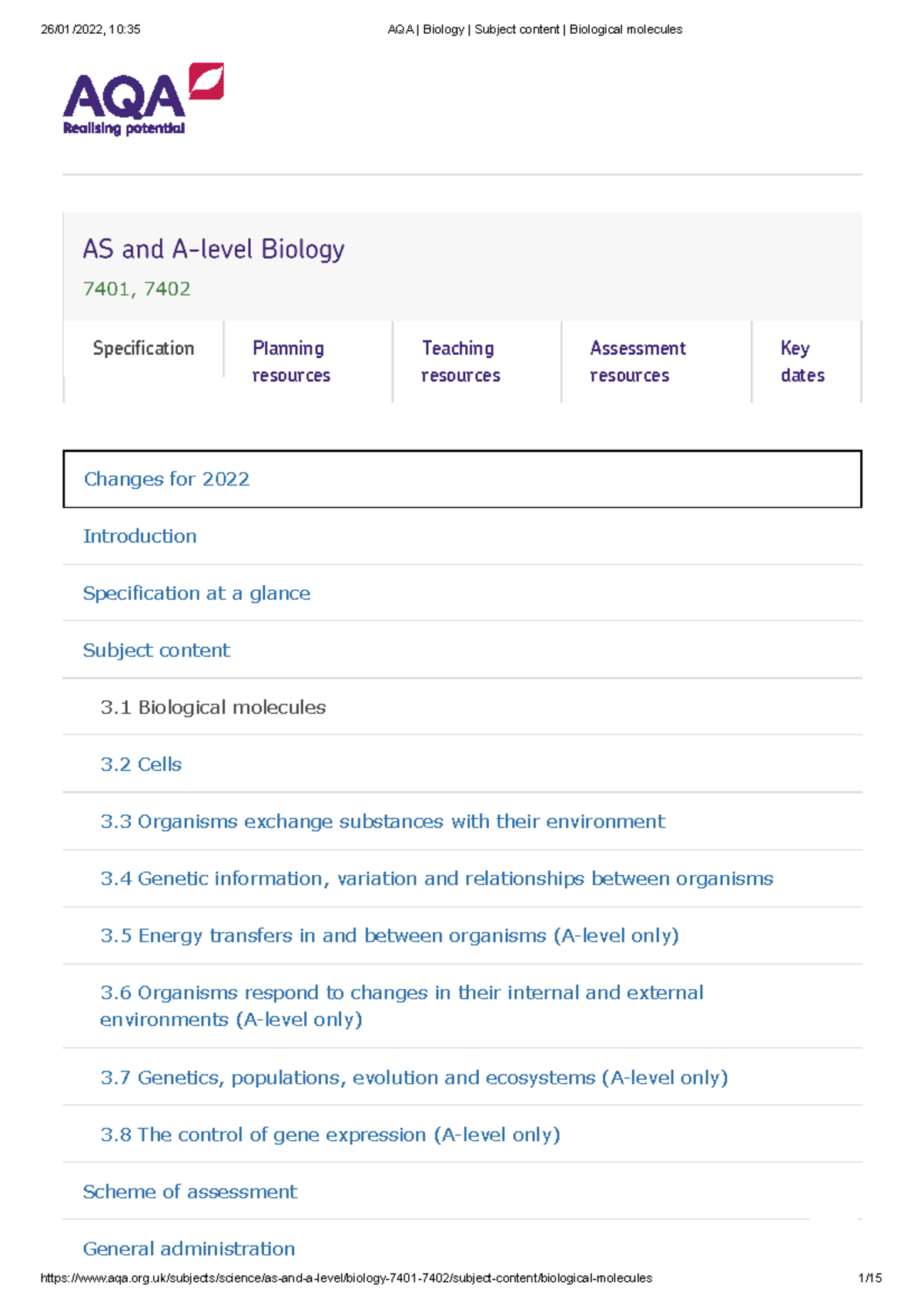 AQA Biology Subject content Biological molecules - Specification ...