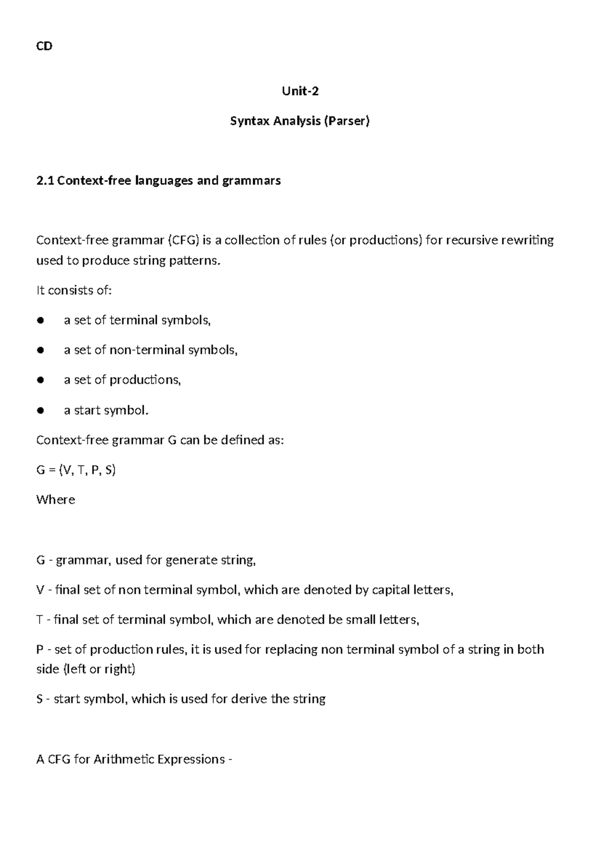 CD unit 2 - Syntax Analysis (Parser): Context-free languages and grammars, push-down automata ...