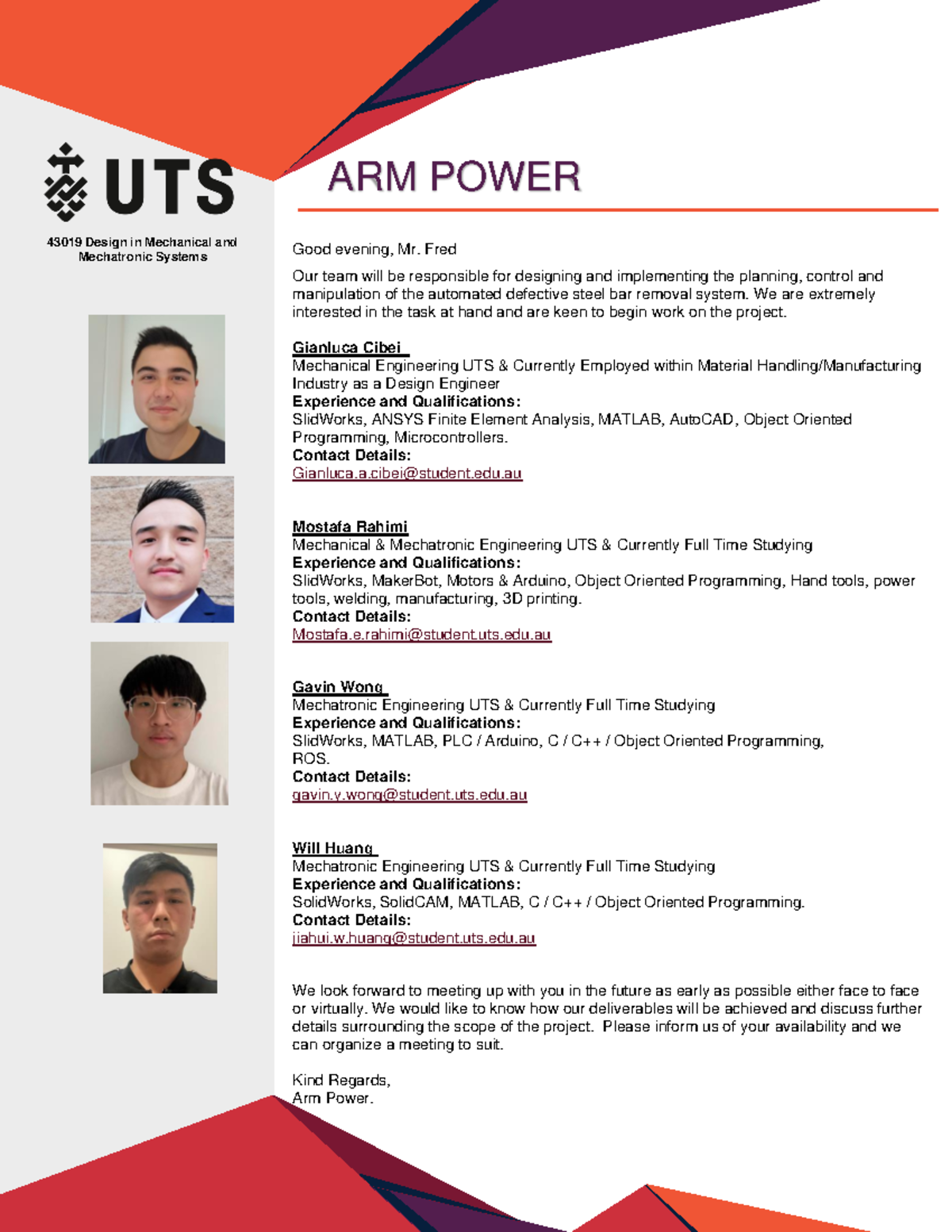 15.1 Team BIO PDF - Team bio - Good evening, Mr. Fred Our team will be ...