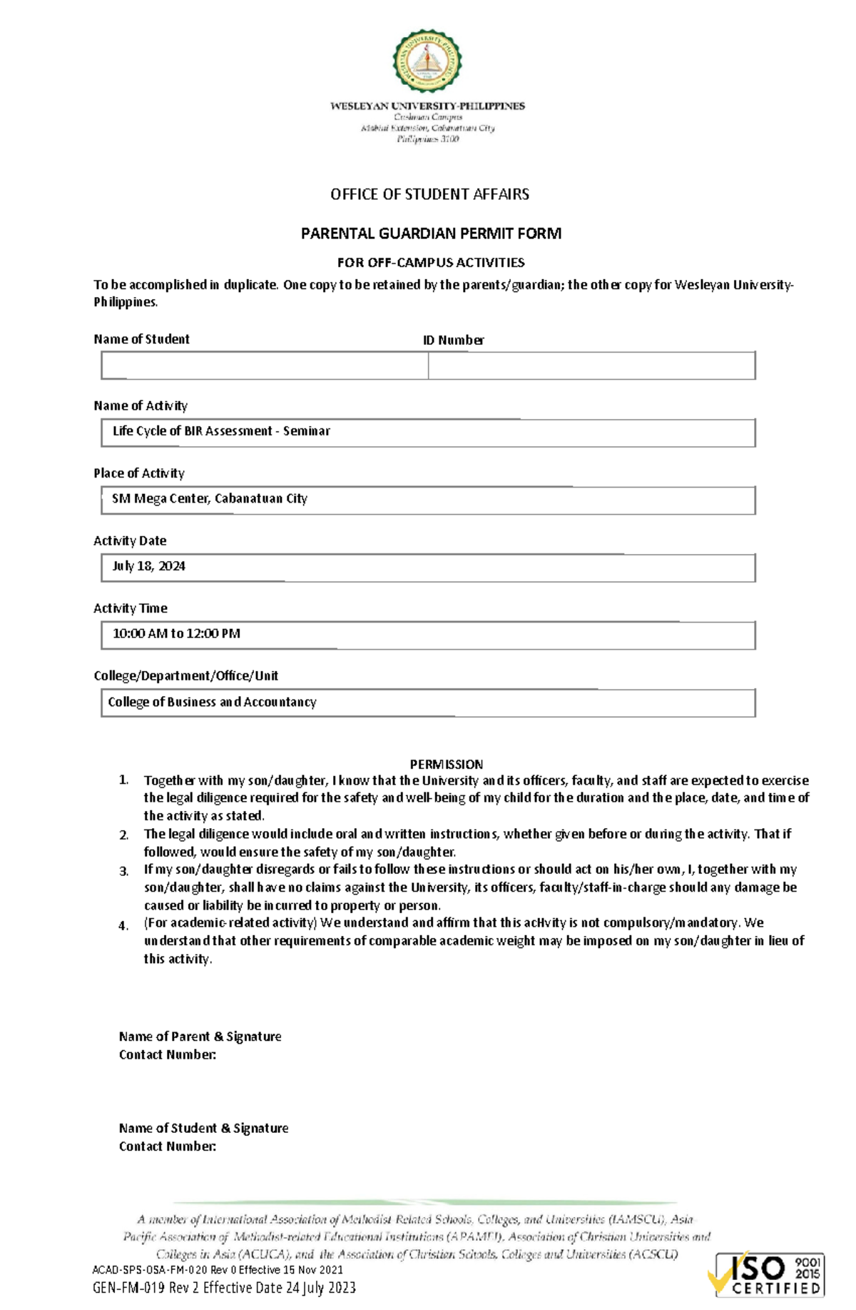 Picpa Seminar Consent Form - OFFICE OF STUDENT AFFAIRS PARENTAL ...