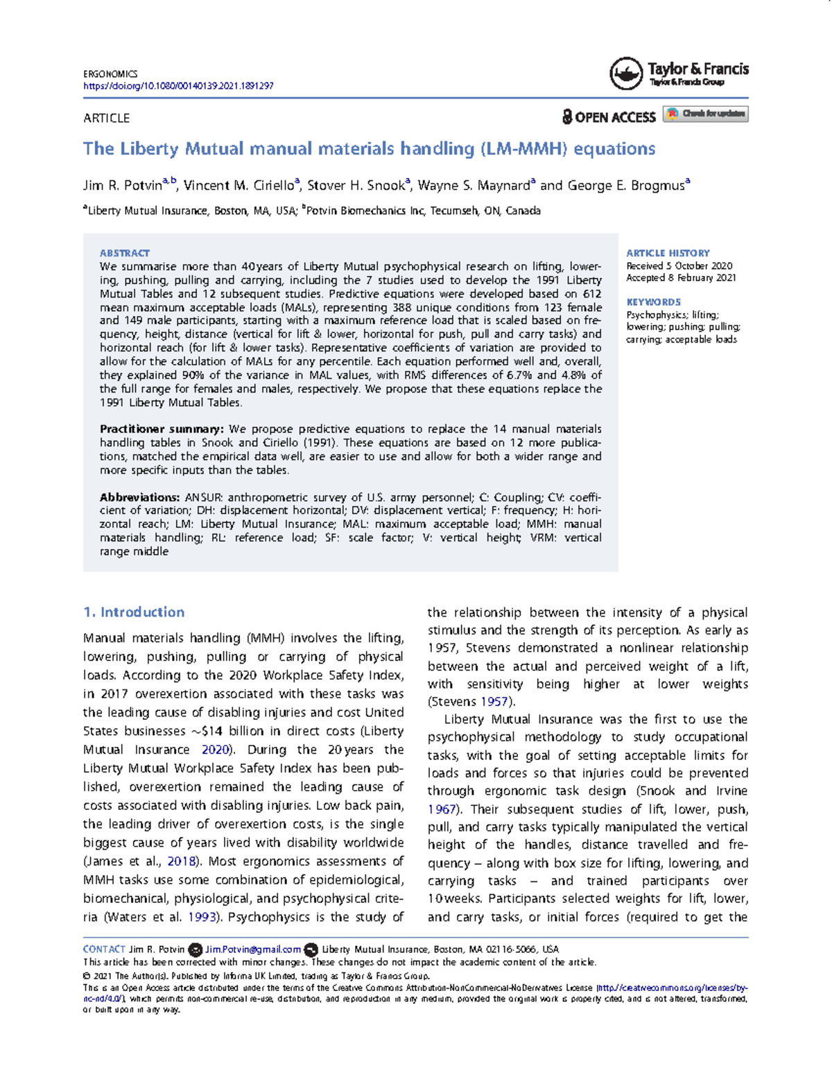 2.1 - Potvin et al. (2021) The Liberty Mutual Manual Materials Handling ...