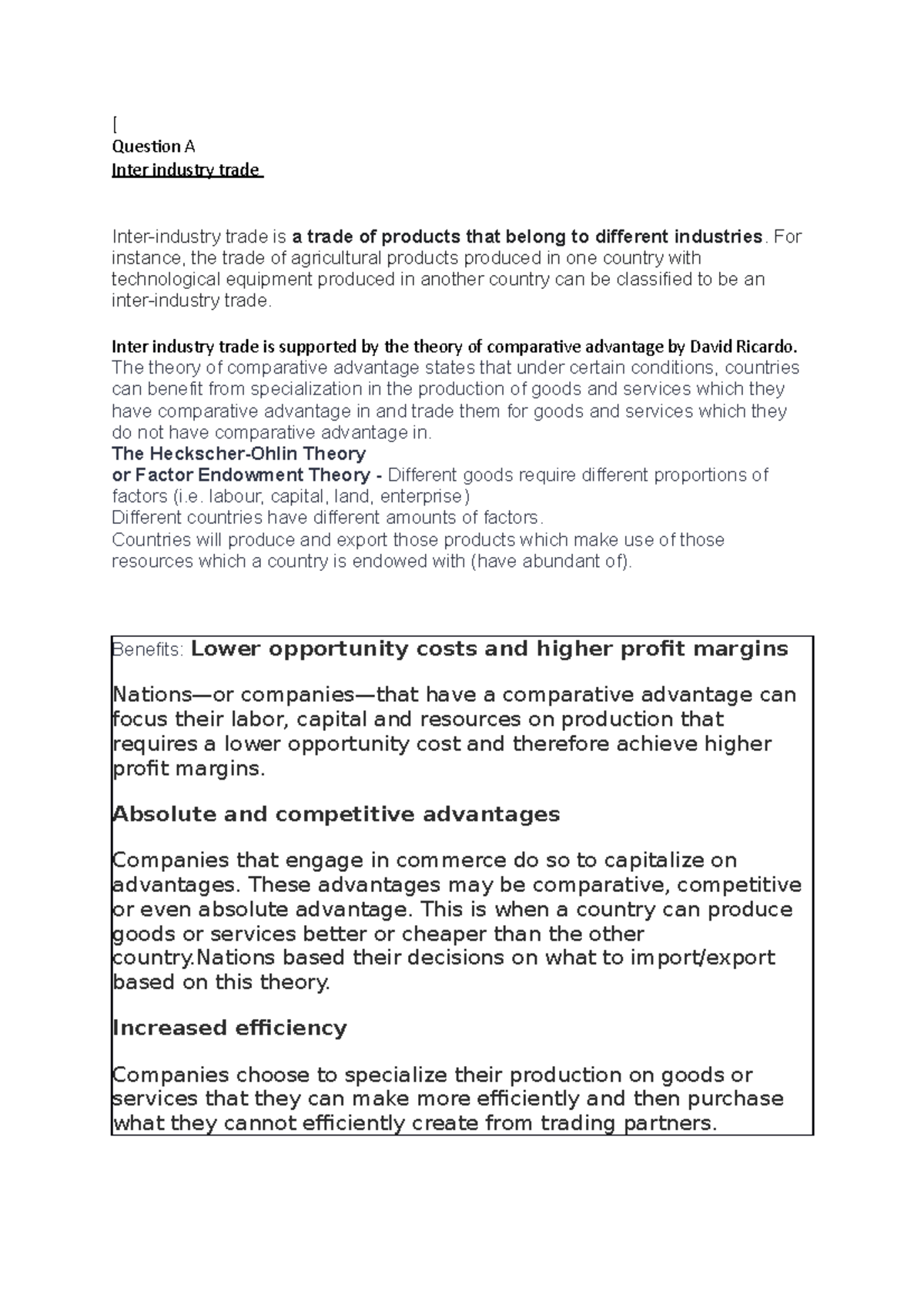 Global business notes - [ Question A Inter industry trade Inter ...