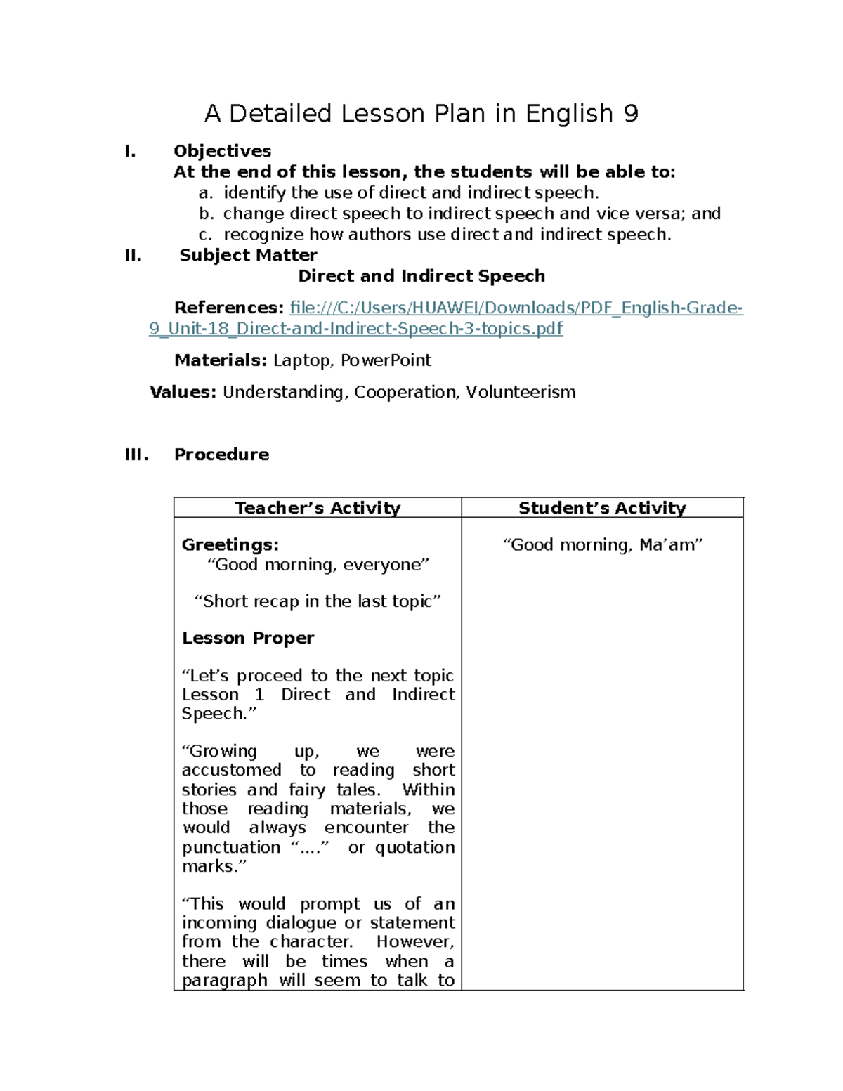 DLP Direct and Indirect speech - A Detailed Lesson Plan in English 9 I ...