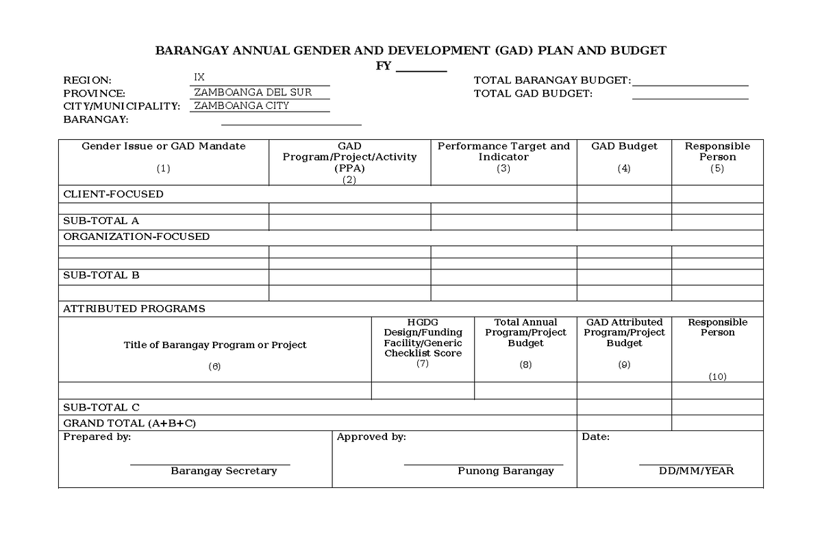 GAD PLAN AND Budget FORM - BARANGAY ANNUAL GENDER AND DEVELOPMENT (GAD ...
