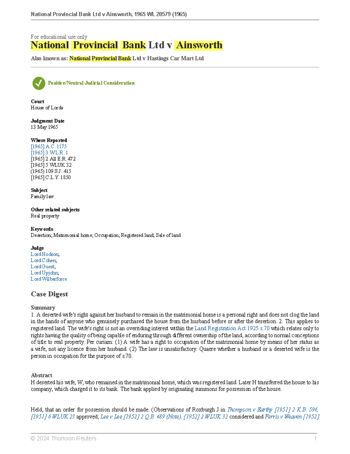 National Provincial Bank Ltd v Ainsworth - 1 For educational use only ...