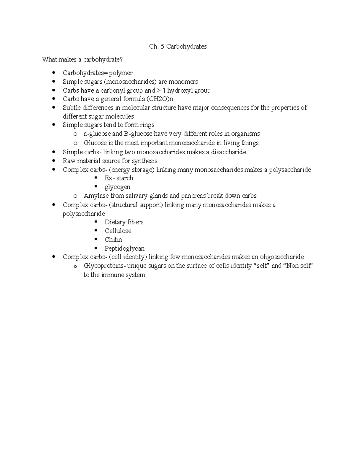 Biol 211 carbohydrate notes - Ch. 5 Carbohydrates What makes a ...
