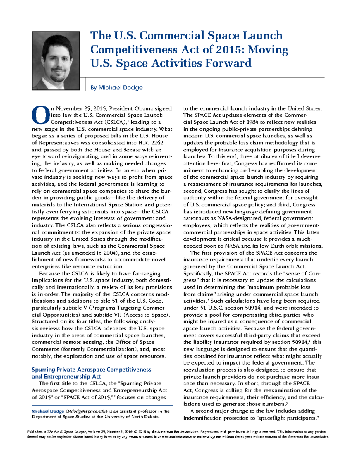 Space law act 2015 - Published in The Air & Space Lawyer, Volume 29 ...