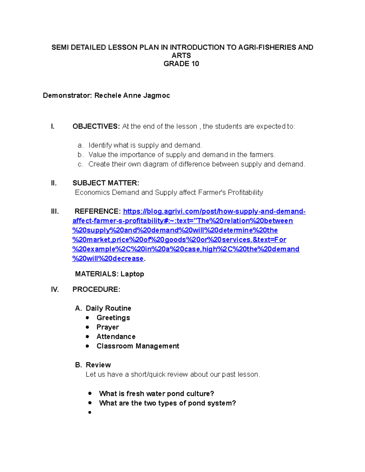A SEMI Detailed Lesson PLAN IN Economics OF Demand AND Supply OF THE ...