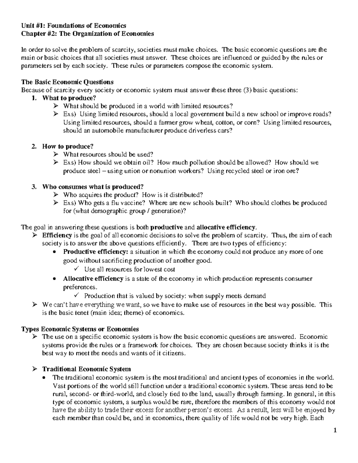 Ch 2 The Organization of Economies - Unit #1: Foundations of Economics ...