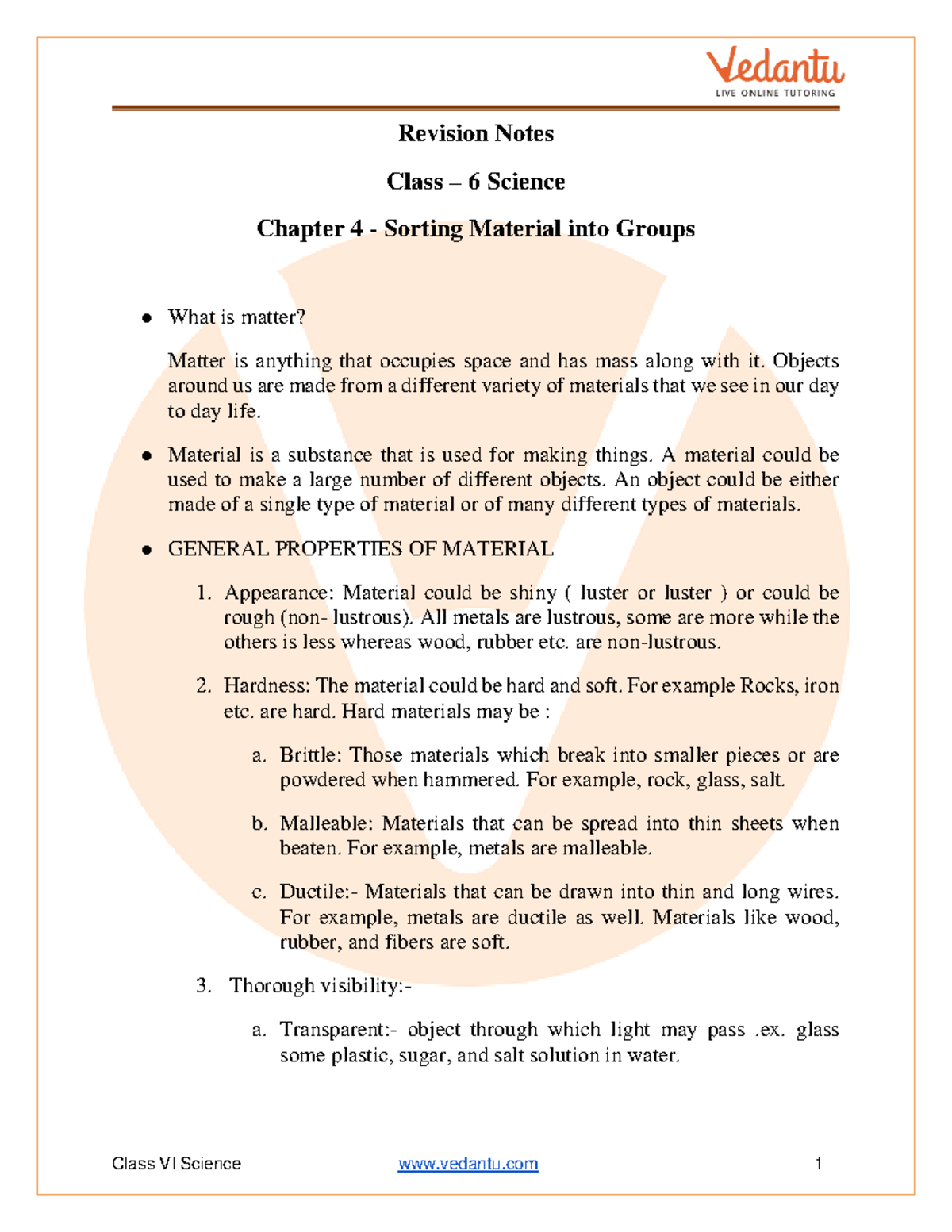 Class 6 Science Chapter 4 Revision Notes - Class VI Science vedantu 1 ...