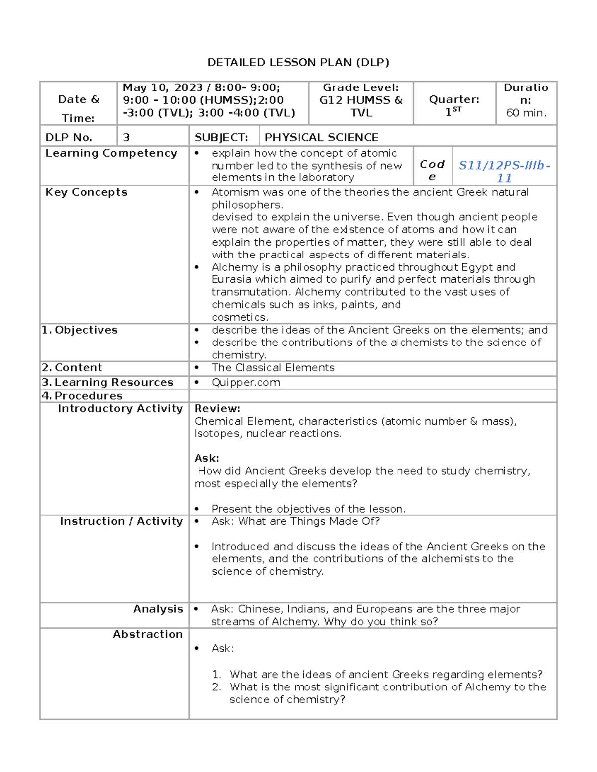 Detailed Lesson PLAN 3 - Earths Subsytem - DETAILED LESSON PLAN (DLP ...