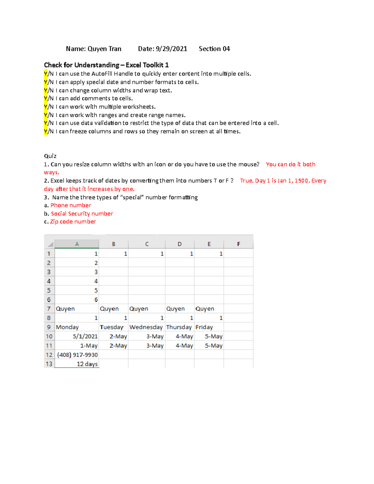 Toolkit 1CFU - Name: Quyen Tran Date: 9/29/2021 Section 04 Check for ...