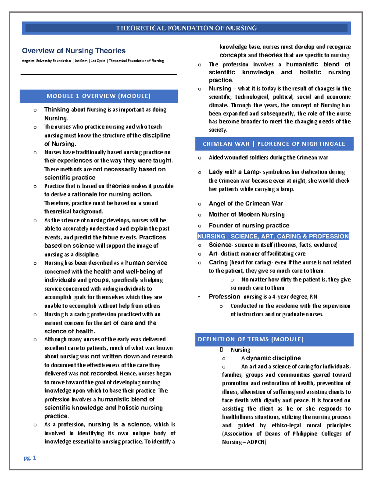 TFN Module-1- Transes - Organized - Overview of Nursing Theories ...