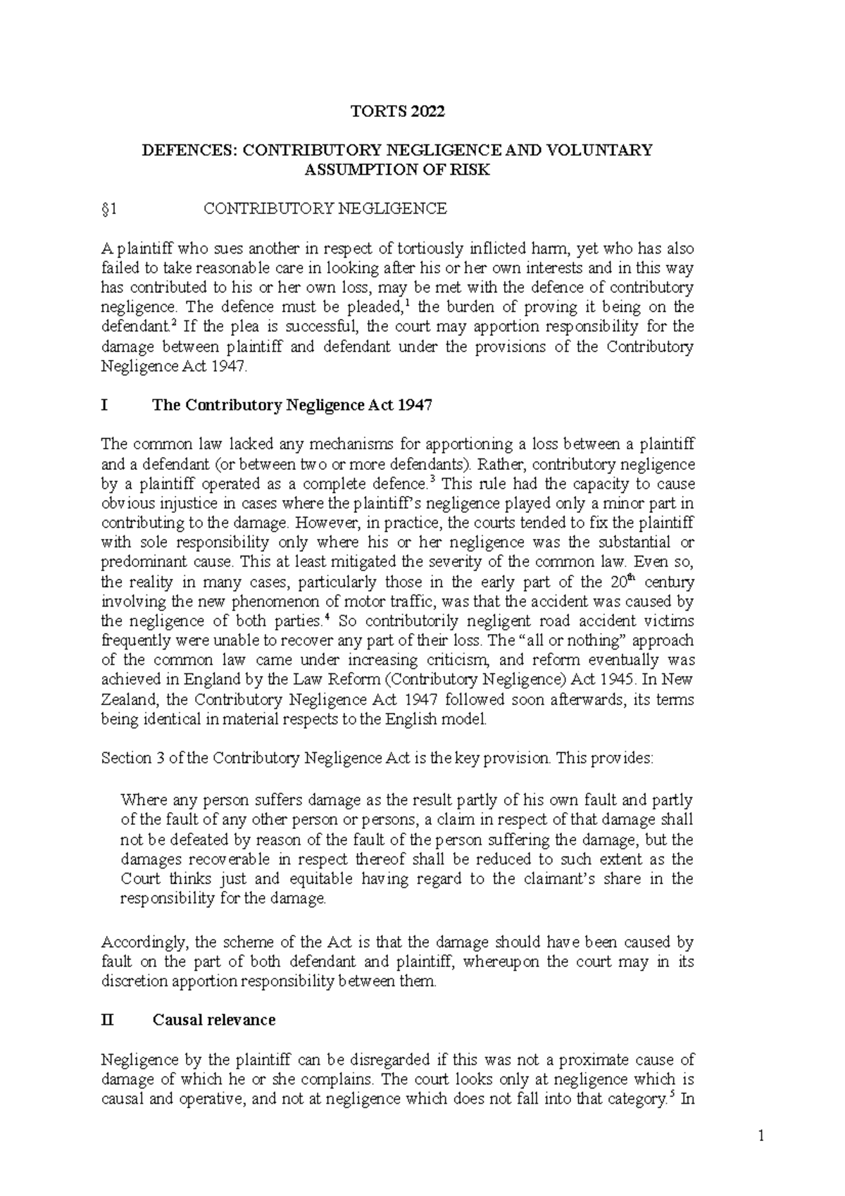 Defences handout - TORTS 2022 DEFENCES: CONTRIBUTORY NEGLIGENCE AND ...