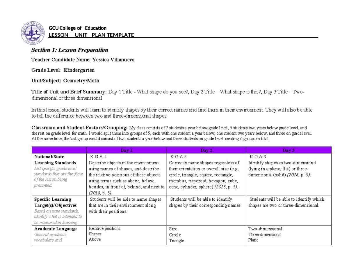 3-day unit plan - Yessica Villanueva - Section 1: Lesson Preparation ...