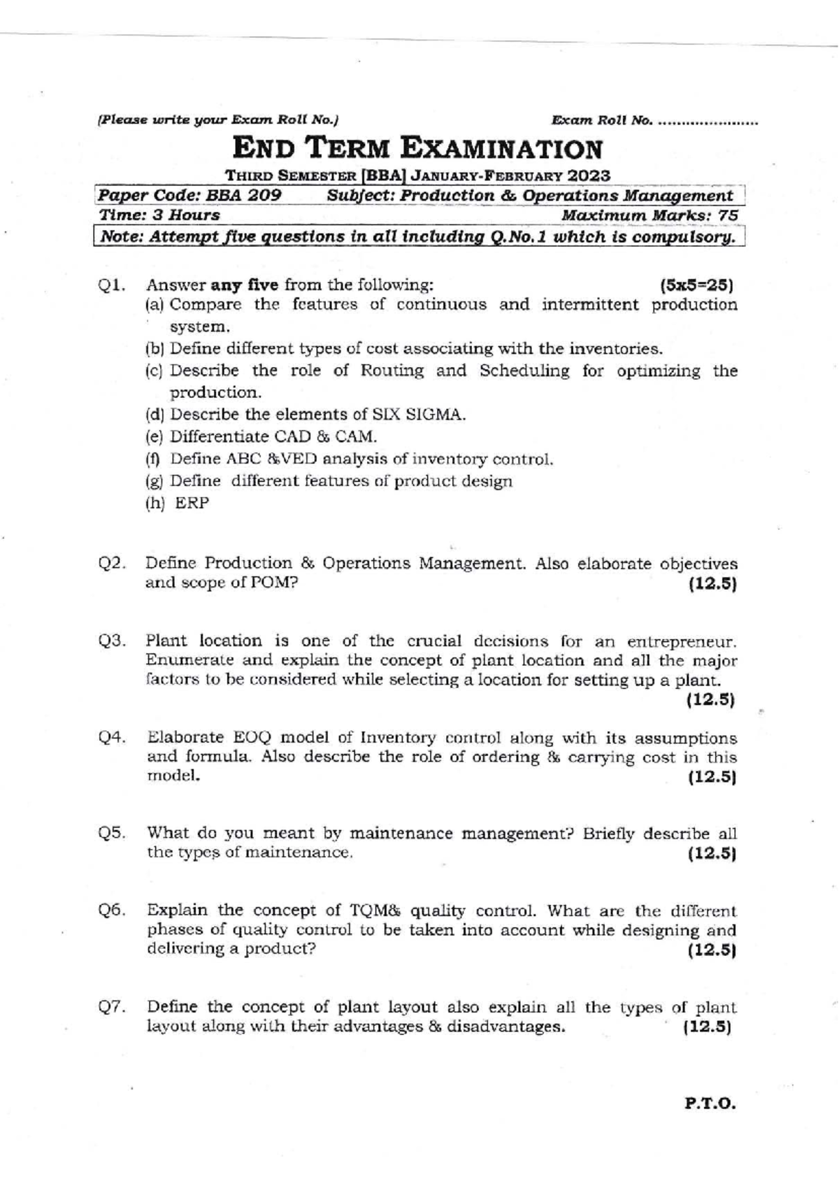 BBA3S Producation AND Operations Management 209 FEB 23 - (Please write ...
