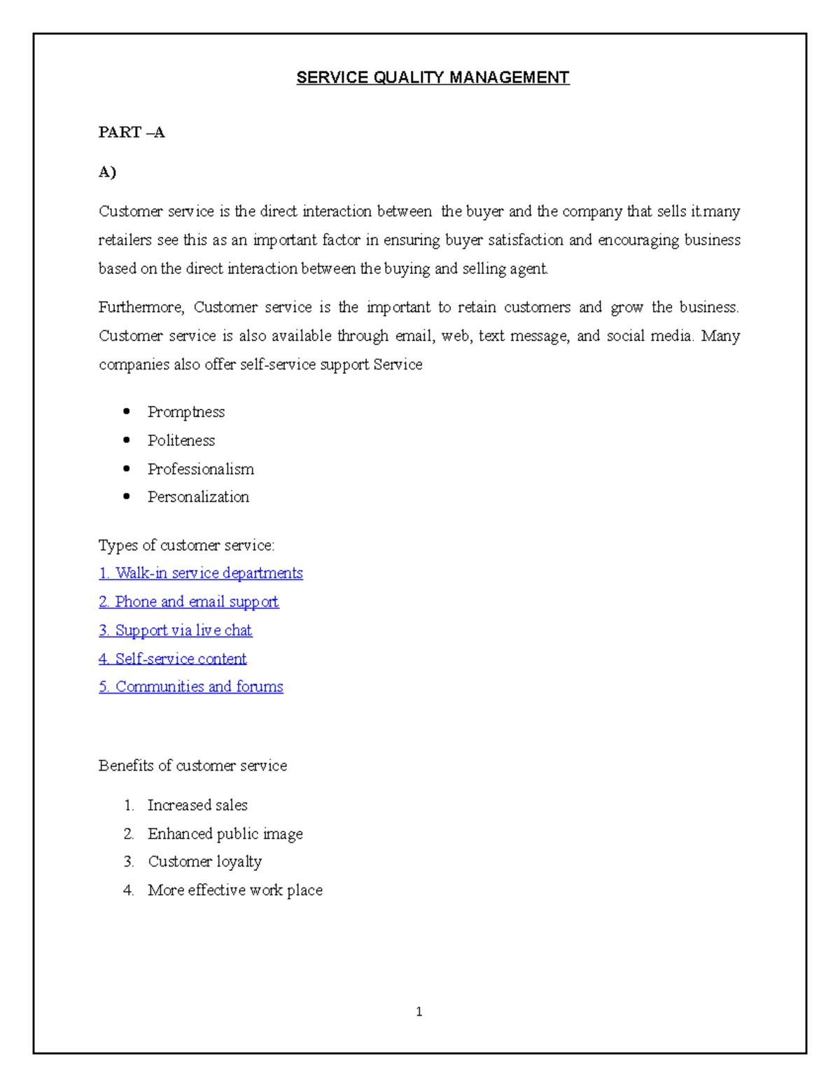 Service Quality Management - SERVICE QUALITY MANAGEMENT PART –A A ...