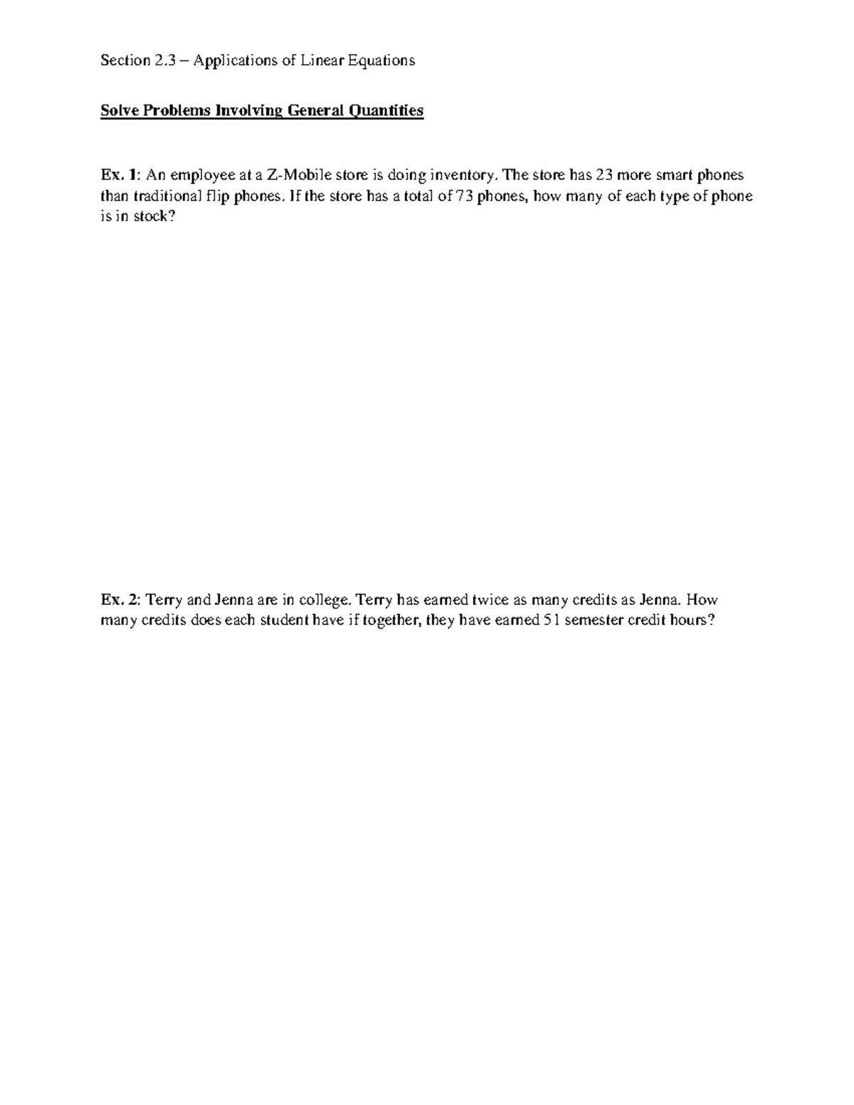 Section 2.3 – Applications of Linear Equations - Section 2 ...