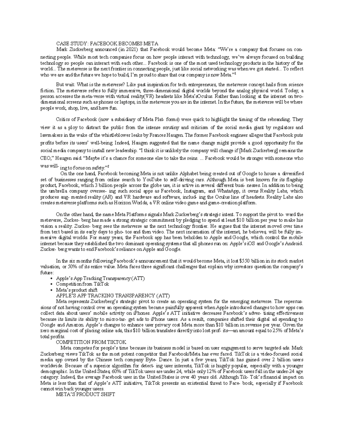 CASE Study- Facebook becomes Meta - CASE STUDY: FACEBOOK BECOMES META ...