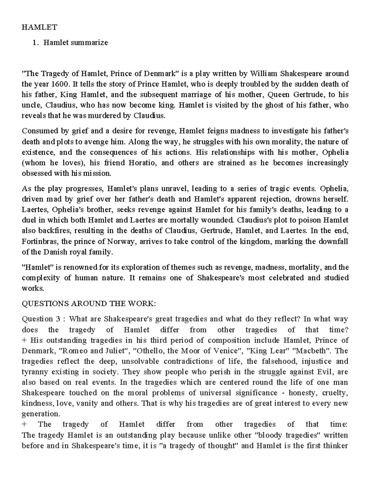 ĐỀ TỔNG HỢP VHAM - HAMLET Hamlet summarize "The Tragedy of Hamlet ...
