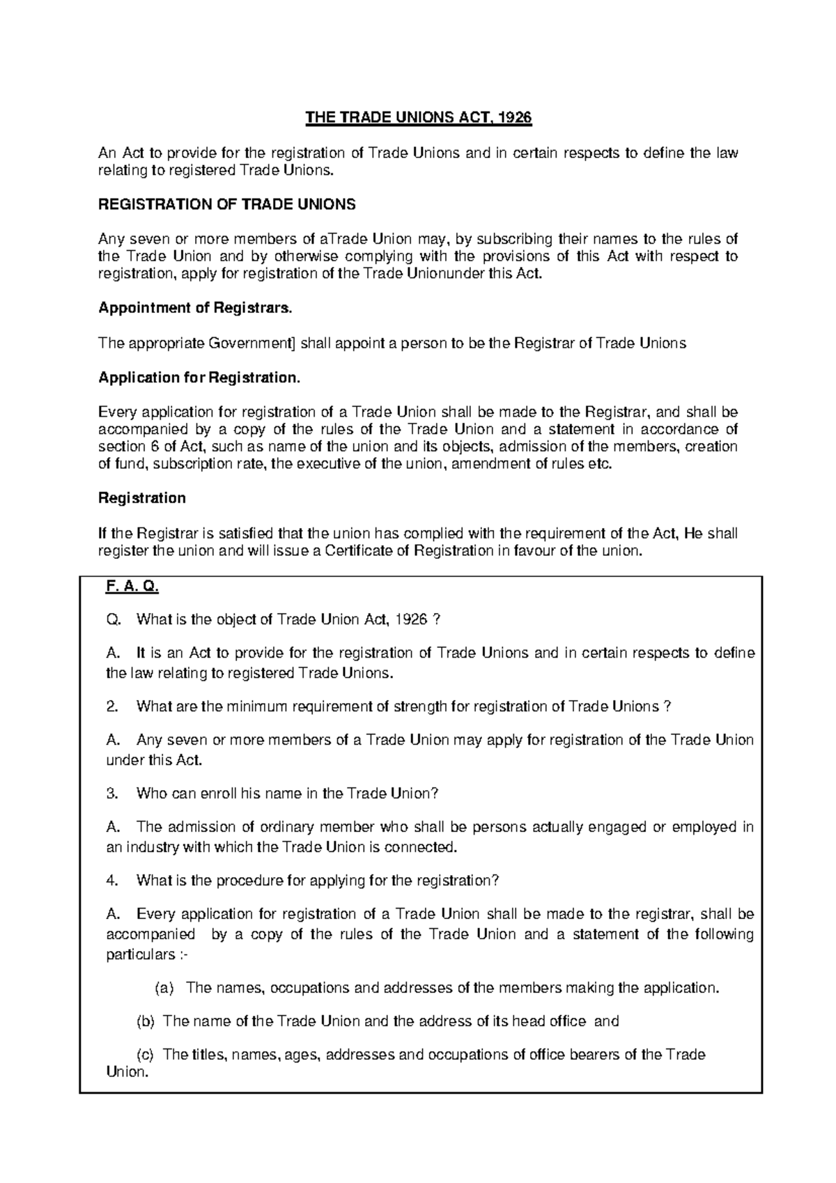 Act labour trade union act - THE TRADE UNIONS ACT, 1926 An Act to ...