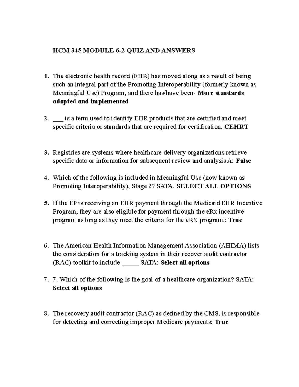 HCM 345 Module 6 -2 Quiz and answers - HCM 345 MODULE 6-2 QUIZ AND ...
