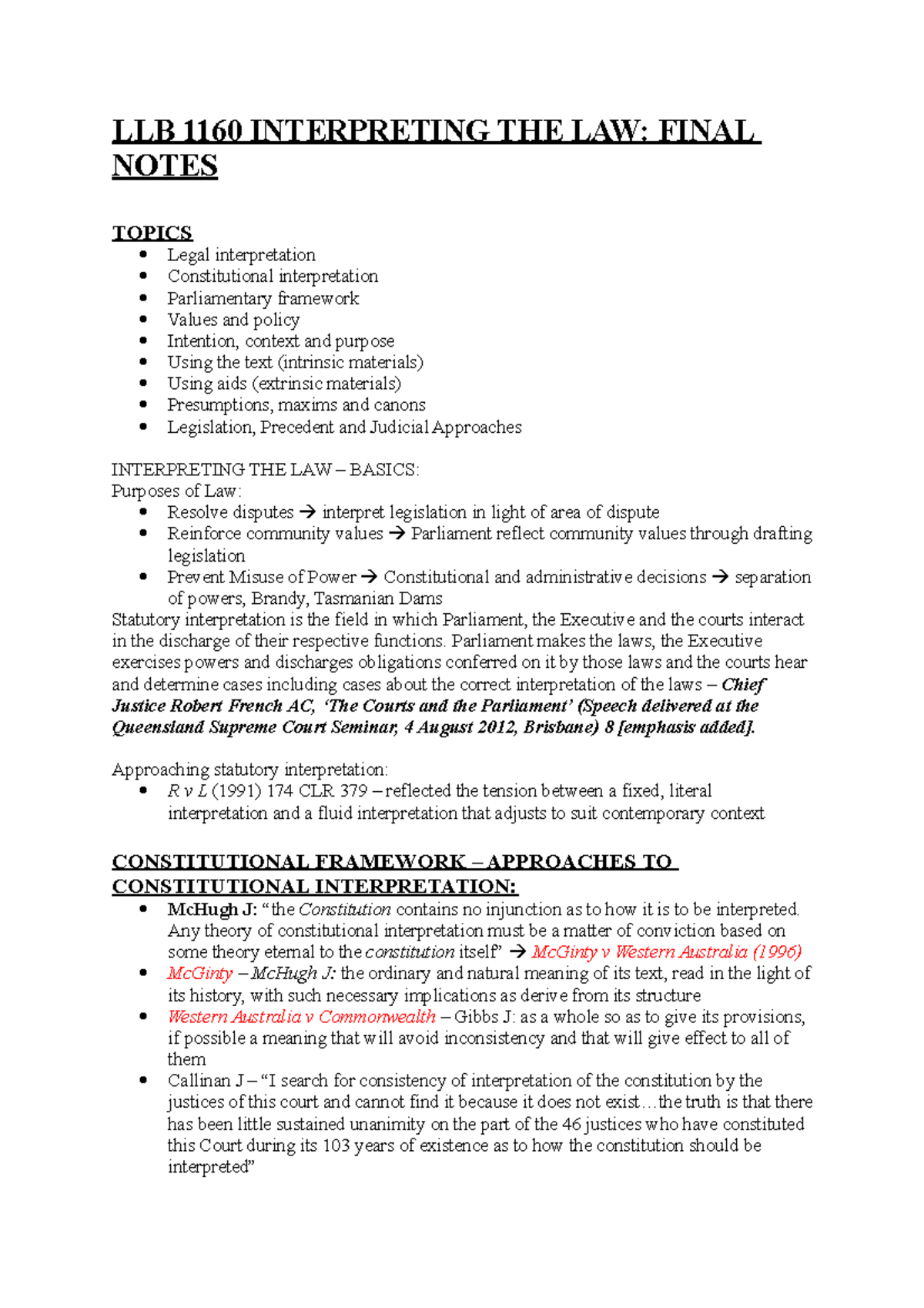 LLB 1160 Interpreting THE LAW - Notes - LLB 1160 INTERPRETING THE LAW ...