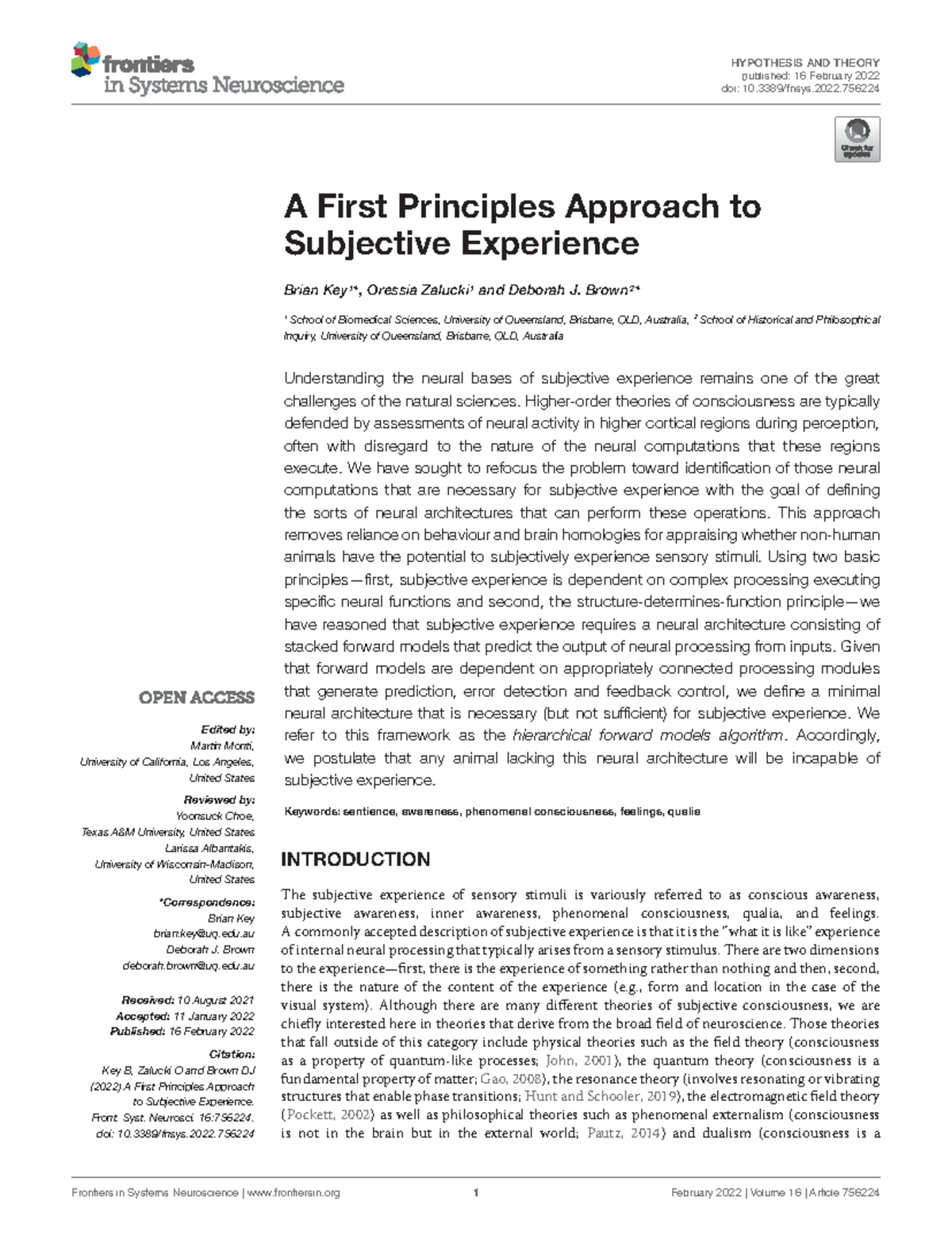 A First Principles Approach to Subjective Experience - HYPOTHESIS AND ...