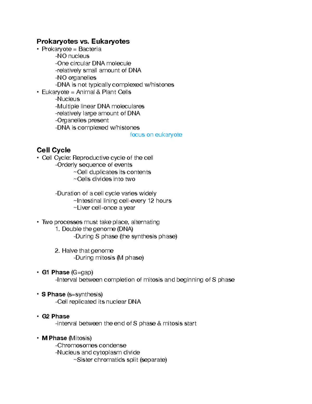 Notes 1/28/22 of Lecture Content - Prokaryotes vs. Eukaryotes ...