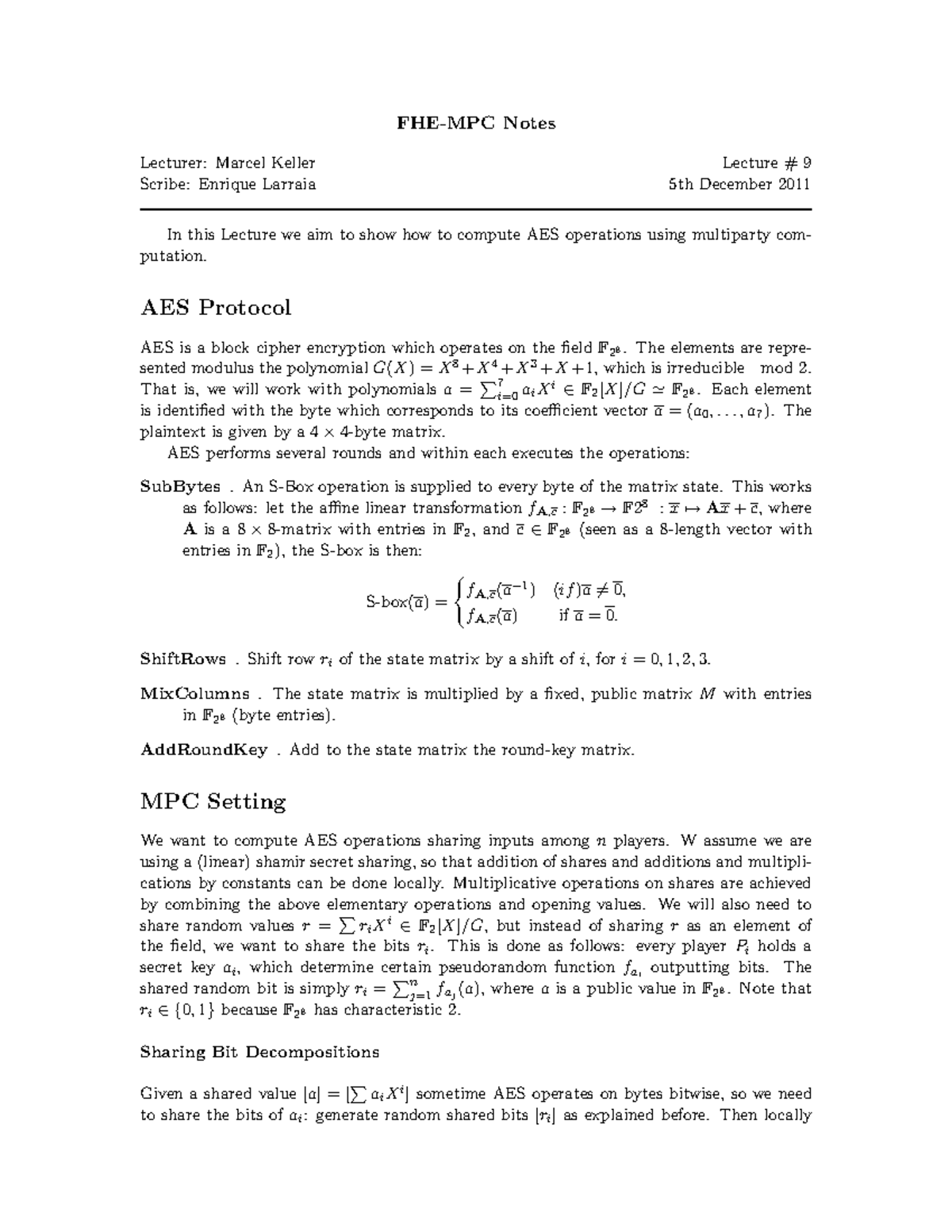 Lecture notes, lecture 9 - FHE-MPC Notes Lecturer: Marcel Keller ...
