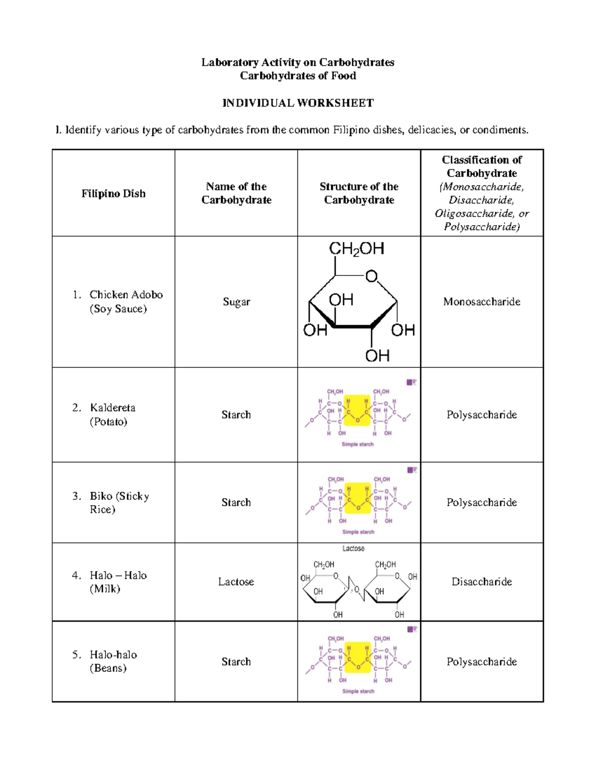 Biochem Activity - Carbohydrates - Laboratory Activity on Carbohydrates ...
