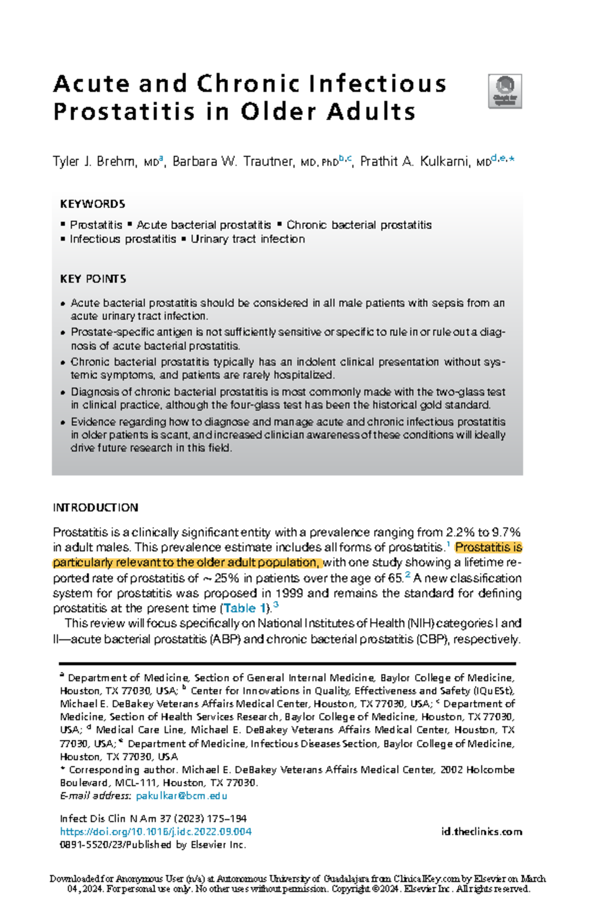 Acute and Chronic Infectious Prostatitis in Older Adults - A c u t e an ...