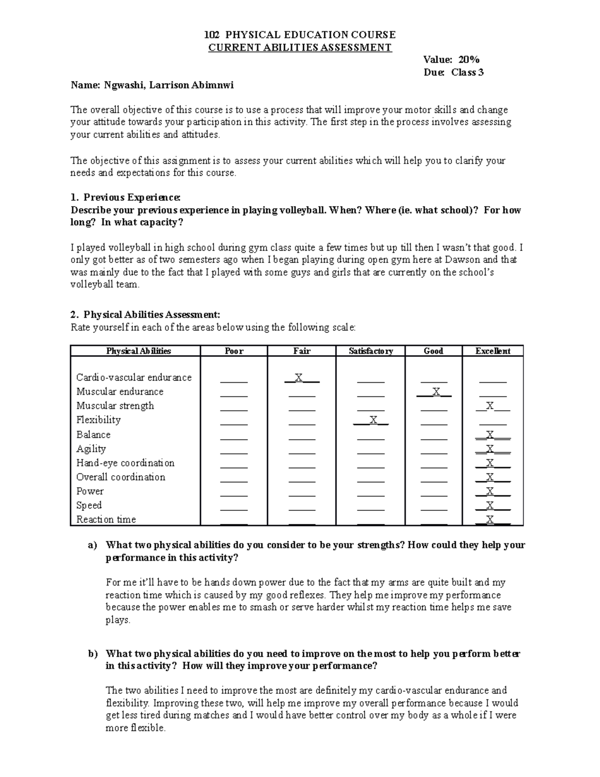 102 Assignment 1 - 102 PHYSICAL EDUCATION COURSE CURRENT ABILITIES ...