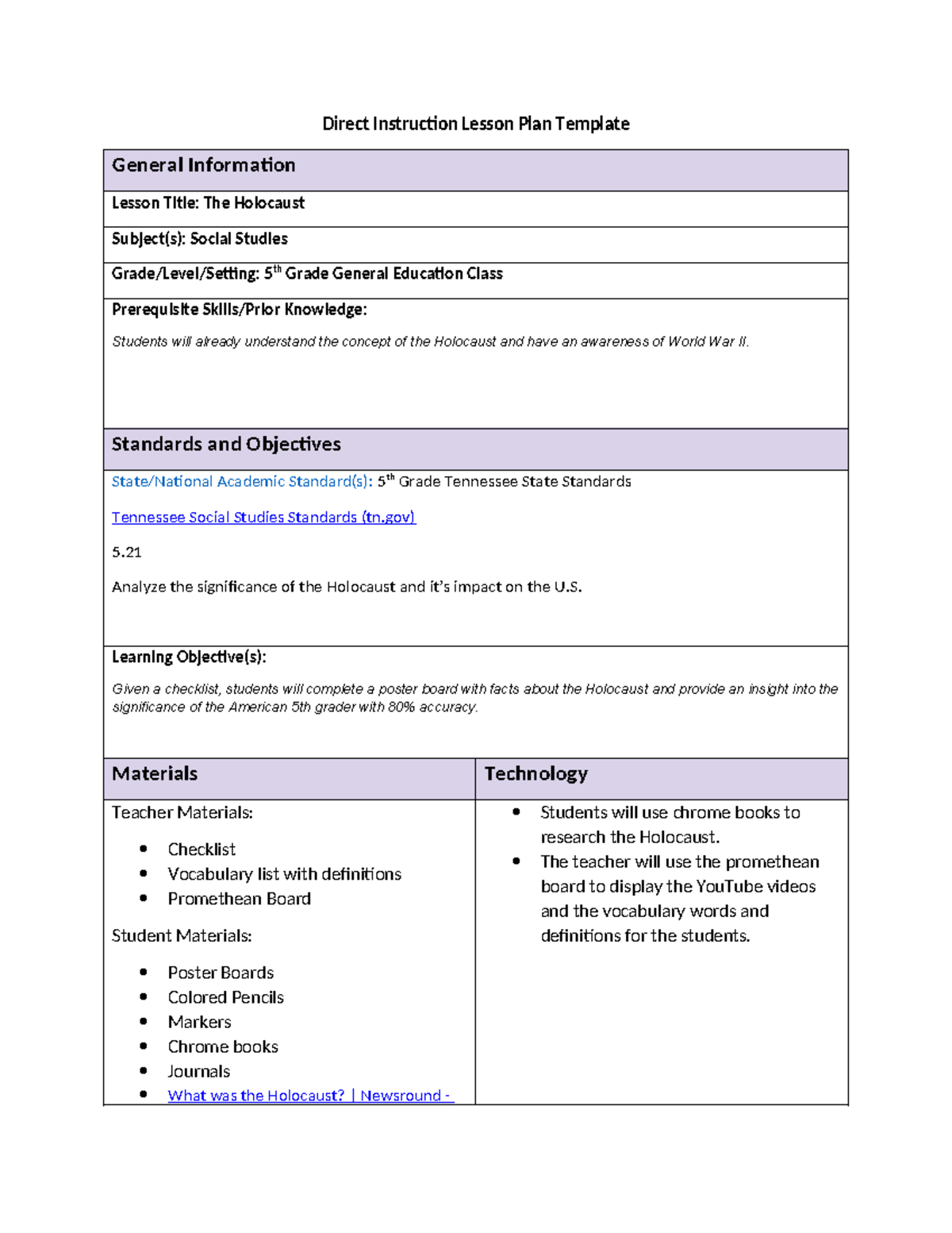 Holocaust Lesson Plan 2 - Direct Instruction Lesson Plan Template ...