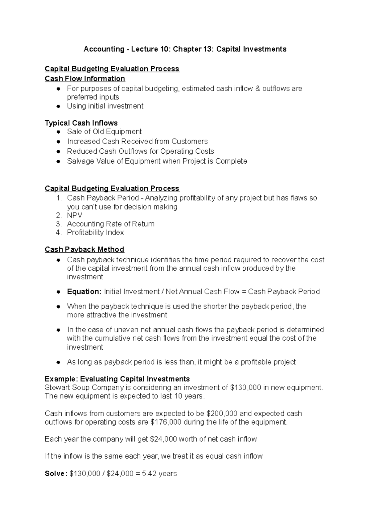Accounting - Lecture 10 Chapter 13 Capital Investments - Accounting ...