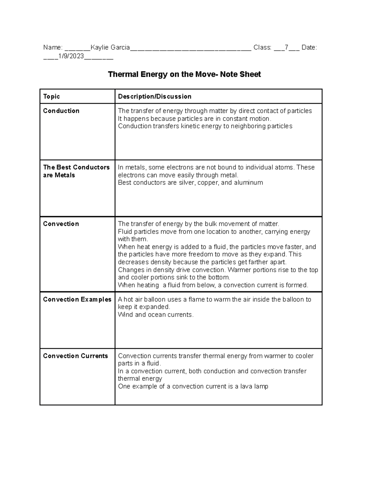 Thermal Energy on the Move- Note Sheet - Name: Kaylie Garcia ...