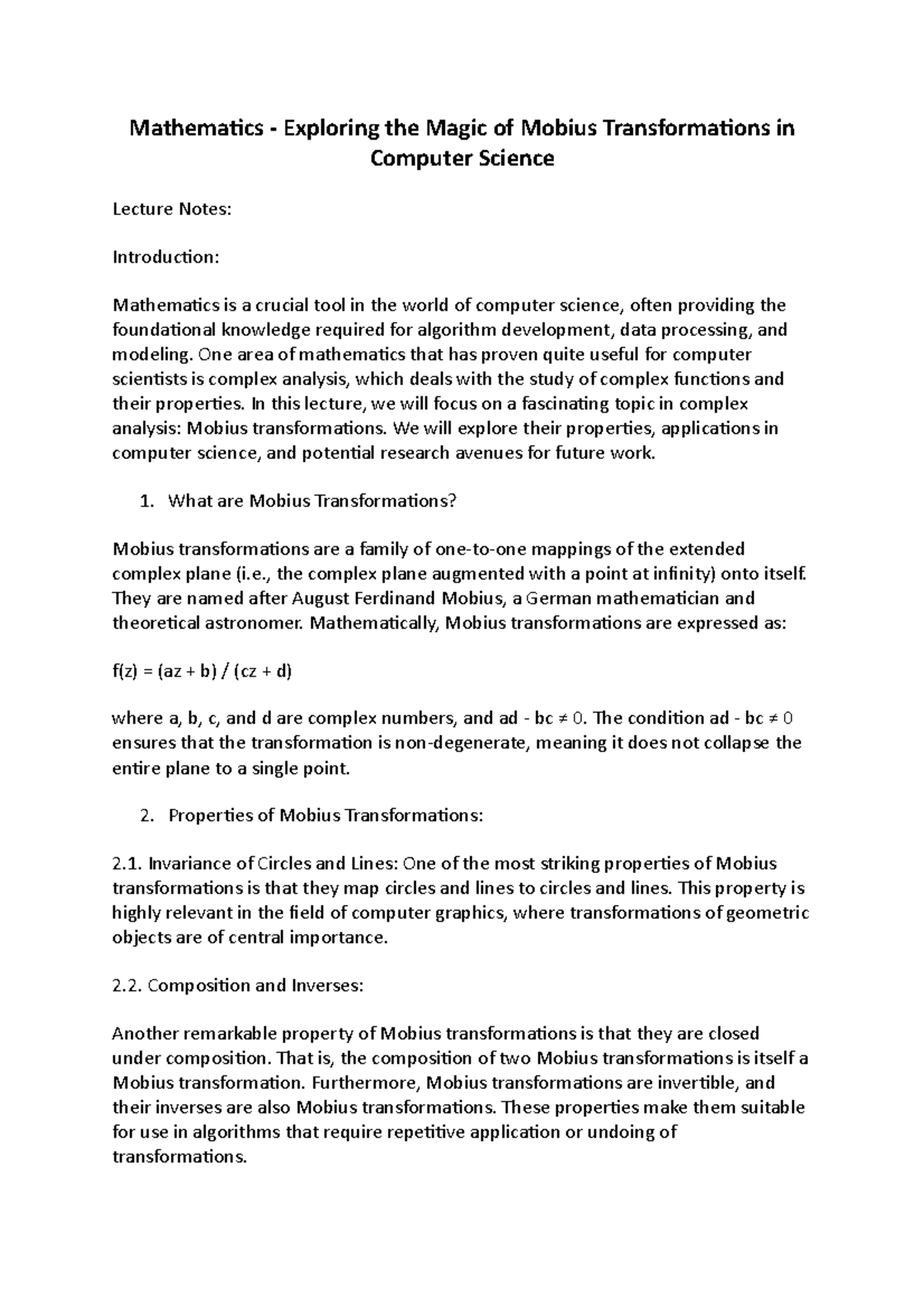 Mathematics - Exploring the Magic of Mobius Transformations in Computer ...