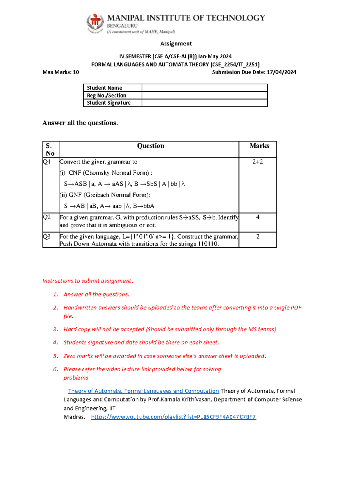 Assignment FLAT 2024 - To students - Assignment IV SEMESTER (CSE A/CSE-AI (B)) Jan-May 2024 ...