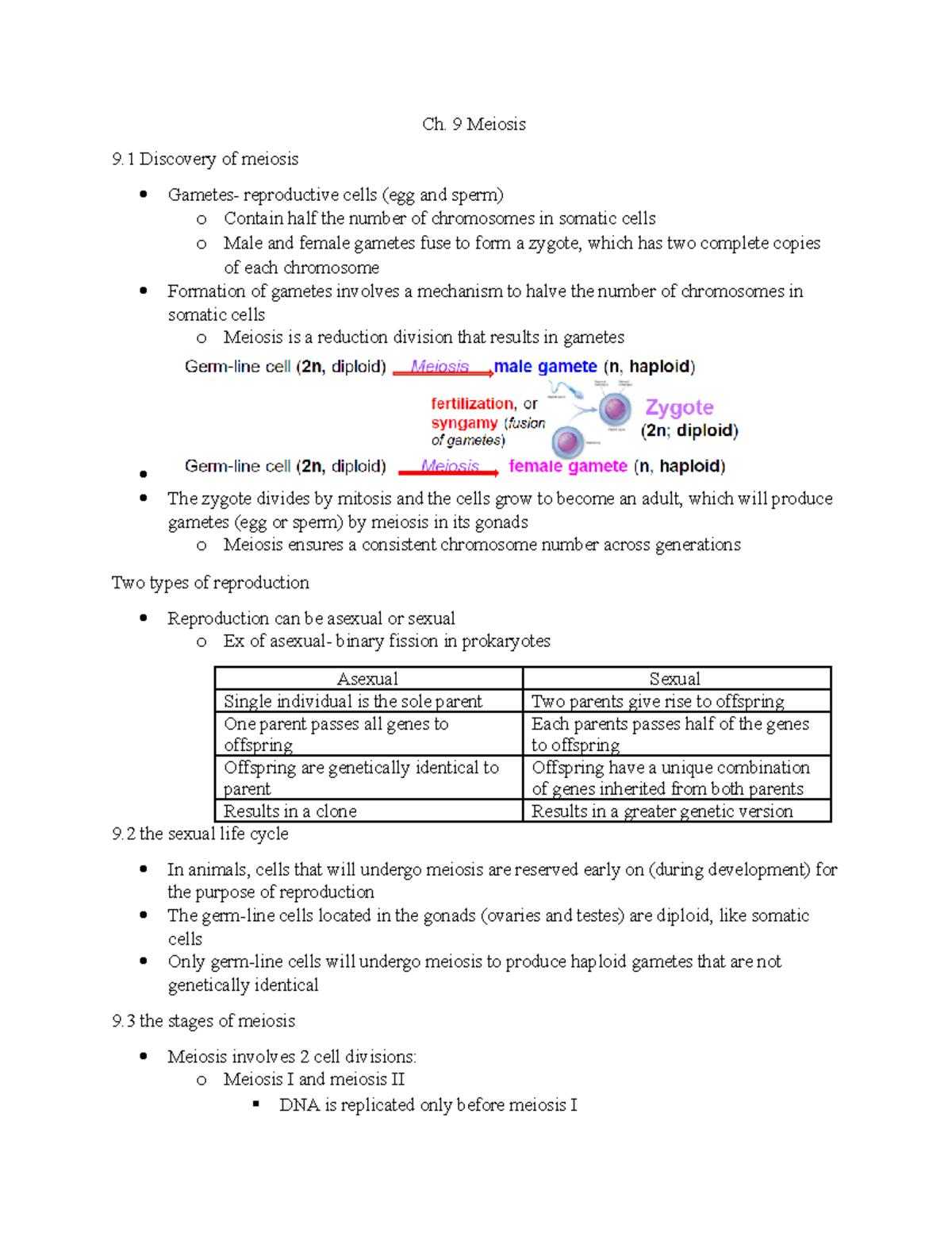 Zool ch 9 notes - Margaret Nsofor - Ch. 9 Meiosis 9 Discovery of ...