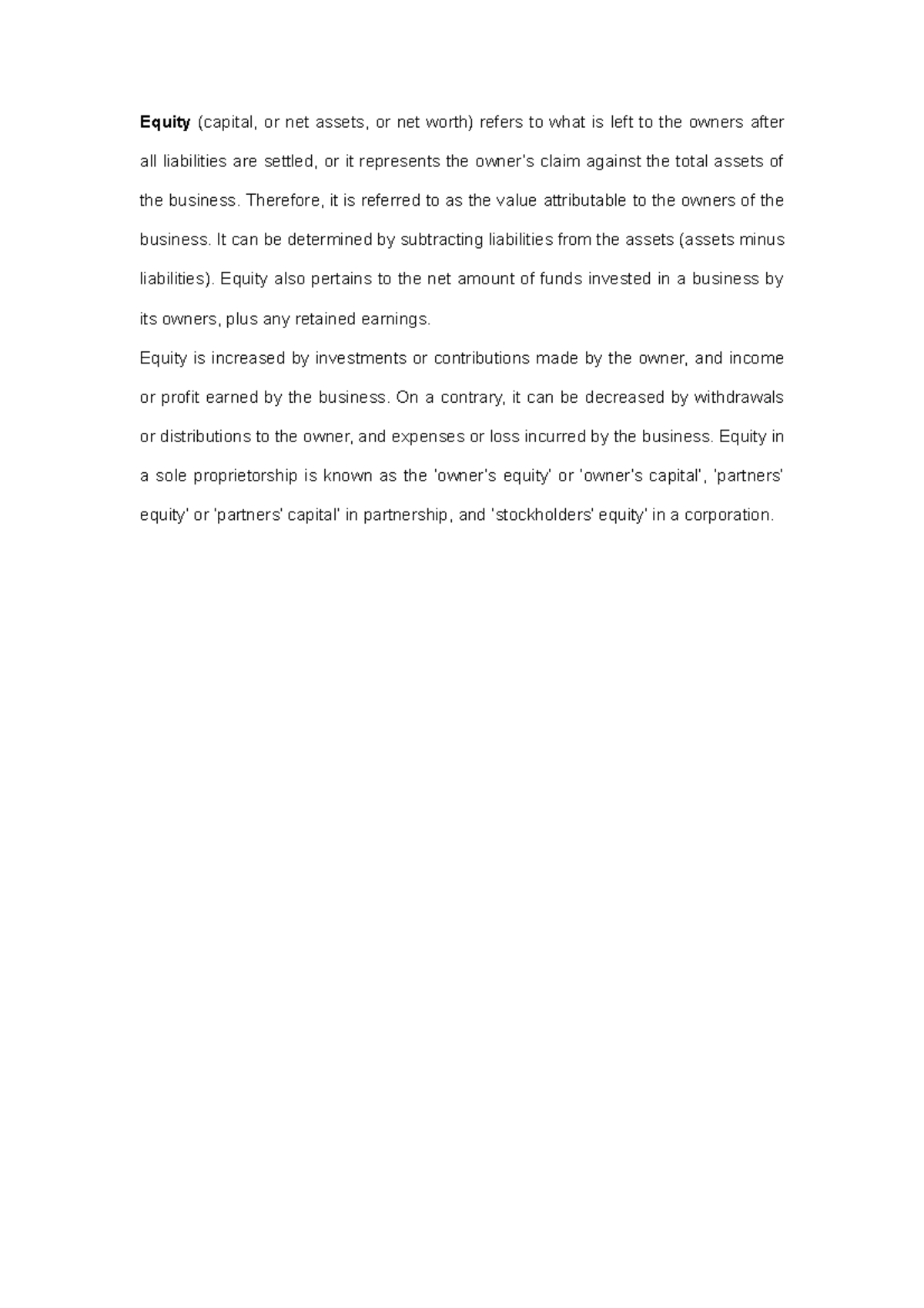 Equity - Lecture notes 1 - Equity (capital, or net assets, or net worth ...