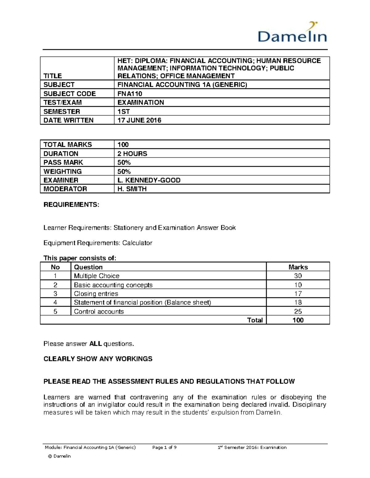 Financial Accounting 1A Exam - Module: Financial Accounting 1A (Generic ...
